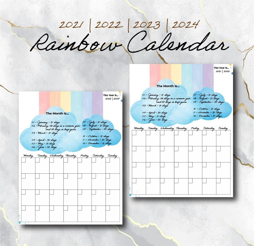 Fillable Rainbow Calendar | 2021 | 2022 | 2023 | 2024 | Watercolor ...