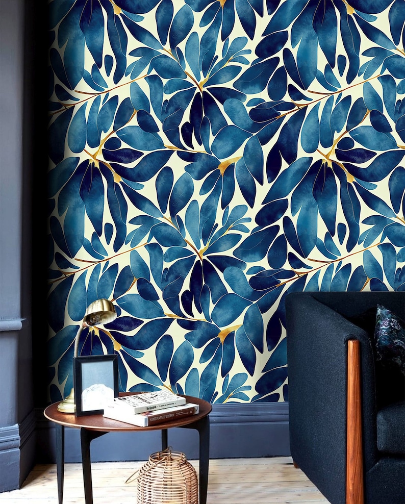 Blue Leaves Wallpaper Watercolor Leaf Wall Mural Bedroom - Etsy
