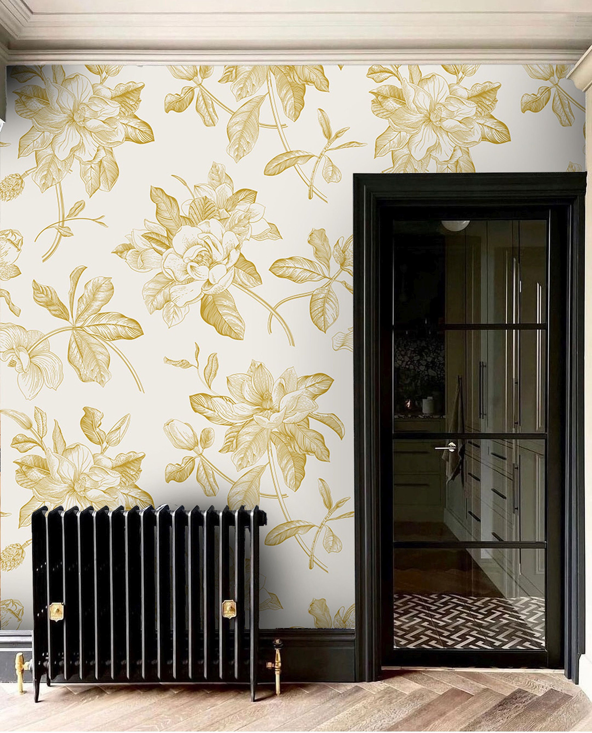 Gold Look Floral Wallpaper Vintage Magnolia Flower Wall Mural - Etsy