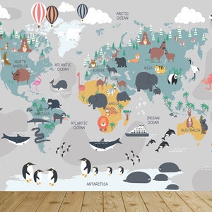 Kids Map Wallpaper World Map Wall Art Modern Print Photo Decor Peel and ...