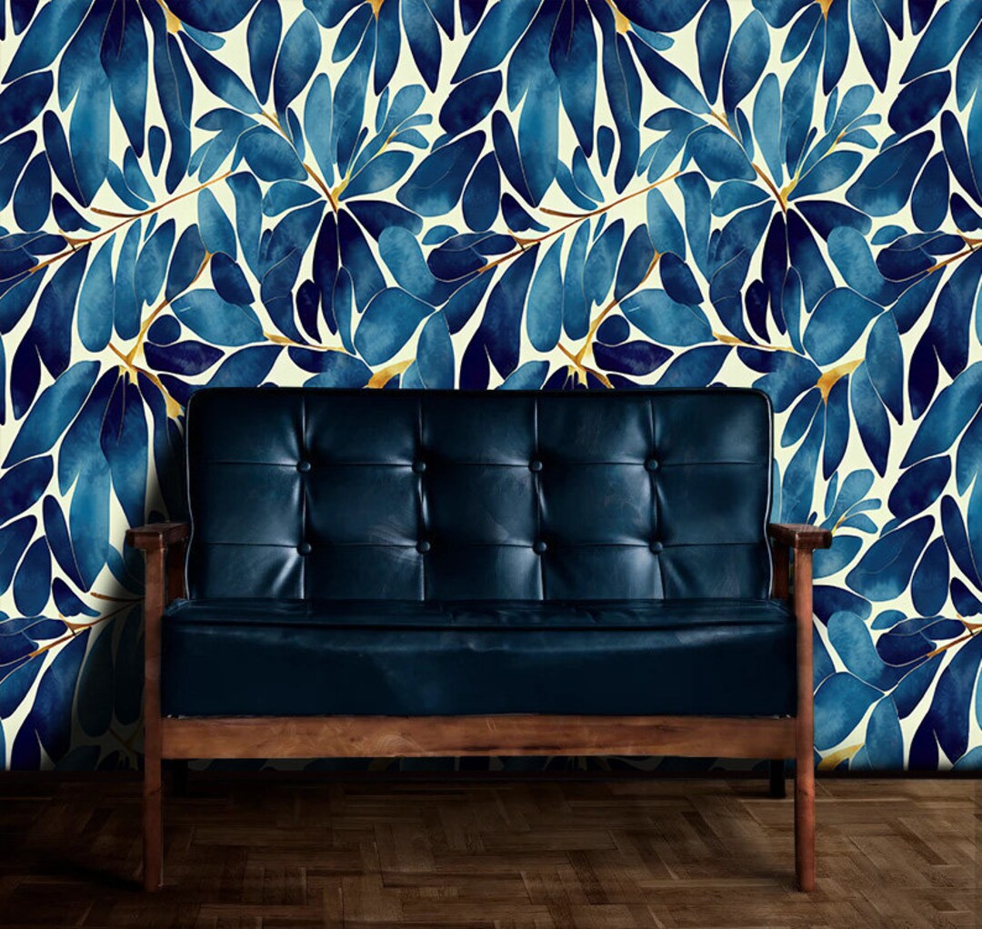 Blue Leaves Wallpaper Watercolor Leaf Wall Mural Bedroom - Etsy