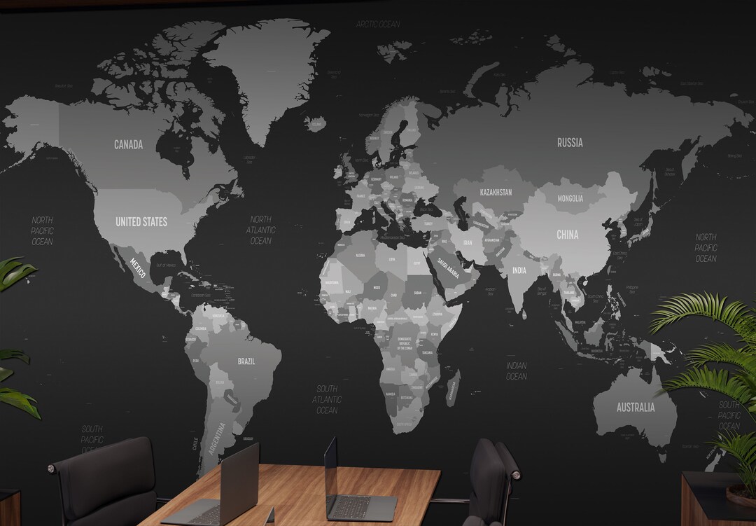 Dark World Map Wallpaper, Detailed World Political Map Wall Mural, Peel ...