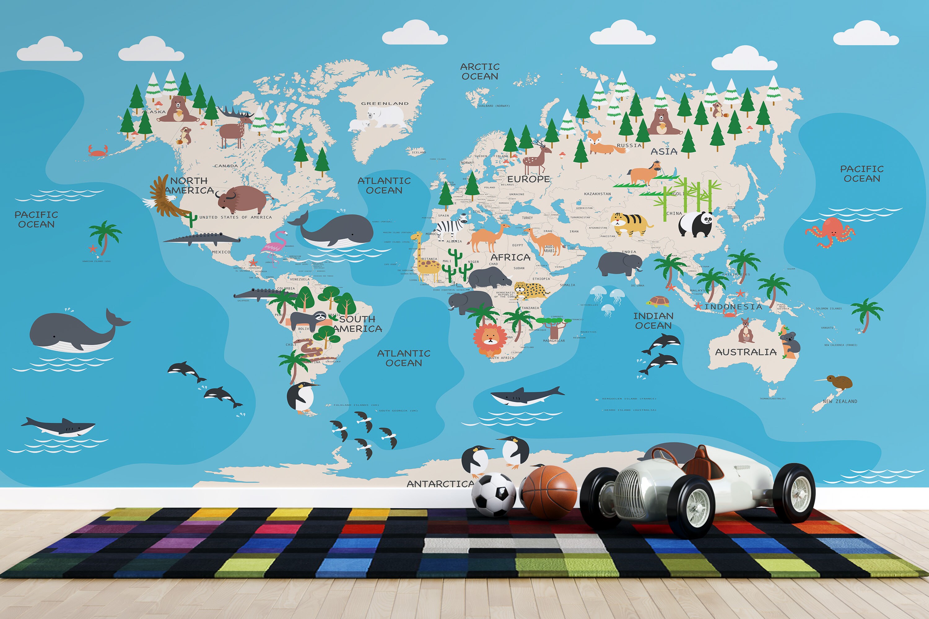 Kids Map Wallpaper Educational Continent World Map Wall - Etsy