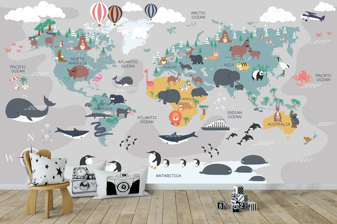 Kids Map Wallpaper World Map Wall Art Modern Print Photo Decor Peel and ...