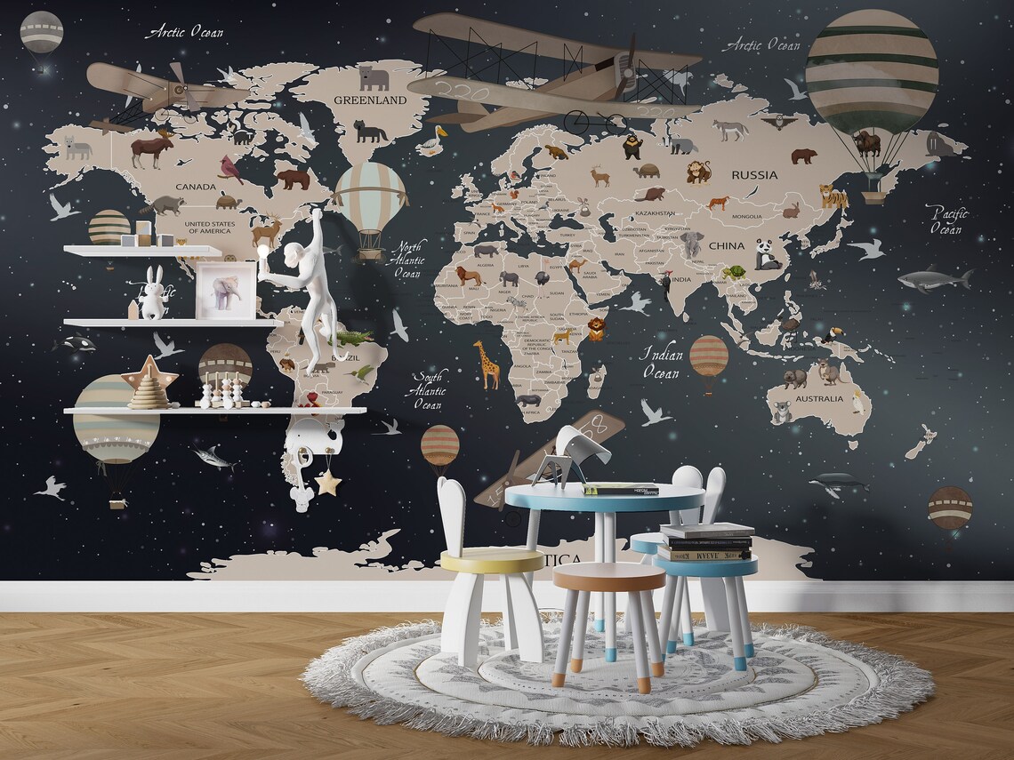 Kids Map Wallpaper World Map Wall Art Modern Print Photo - Etsy