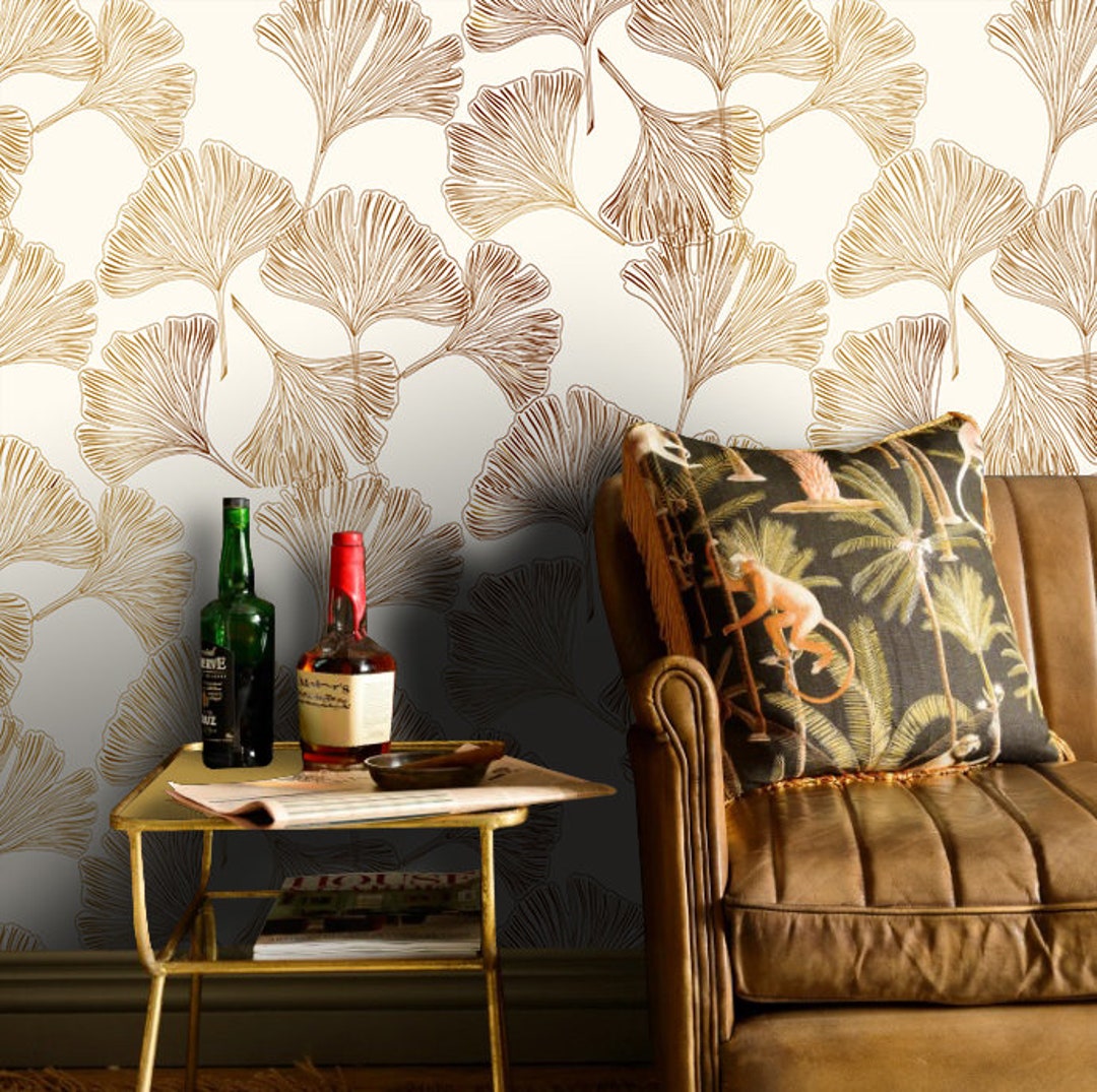 Gingko Leaf Wallpaper, Luxury Gold Line Art, Gold Art Deco Room Decor - Etsy