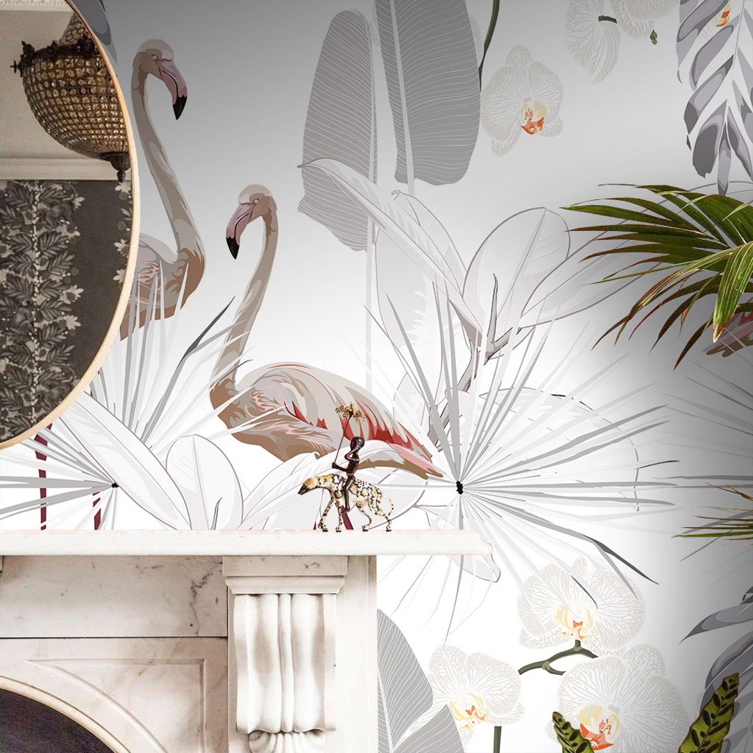 Flamingos & Tropical Plants Wallpaper, Custom Size Wallpaper, Peel and ...