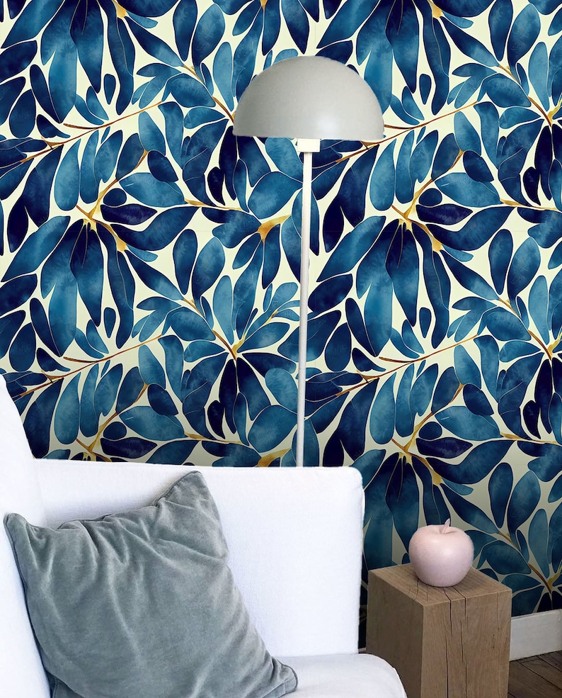 Blue Leaves Wallpaper Watercolor Leaf Wall Mural Bedroom - Etsy