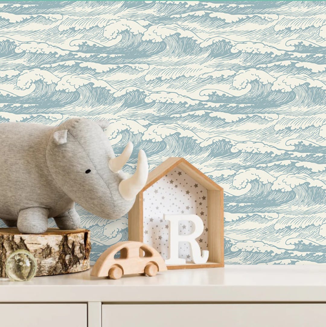 Blue Colour Ocean Waves Wallpaper, Coastal Style, Nautical Design, Wall ...