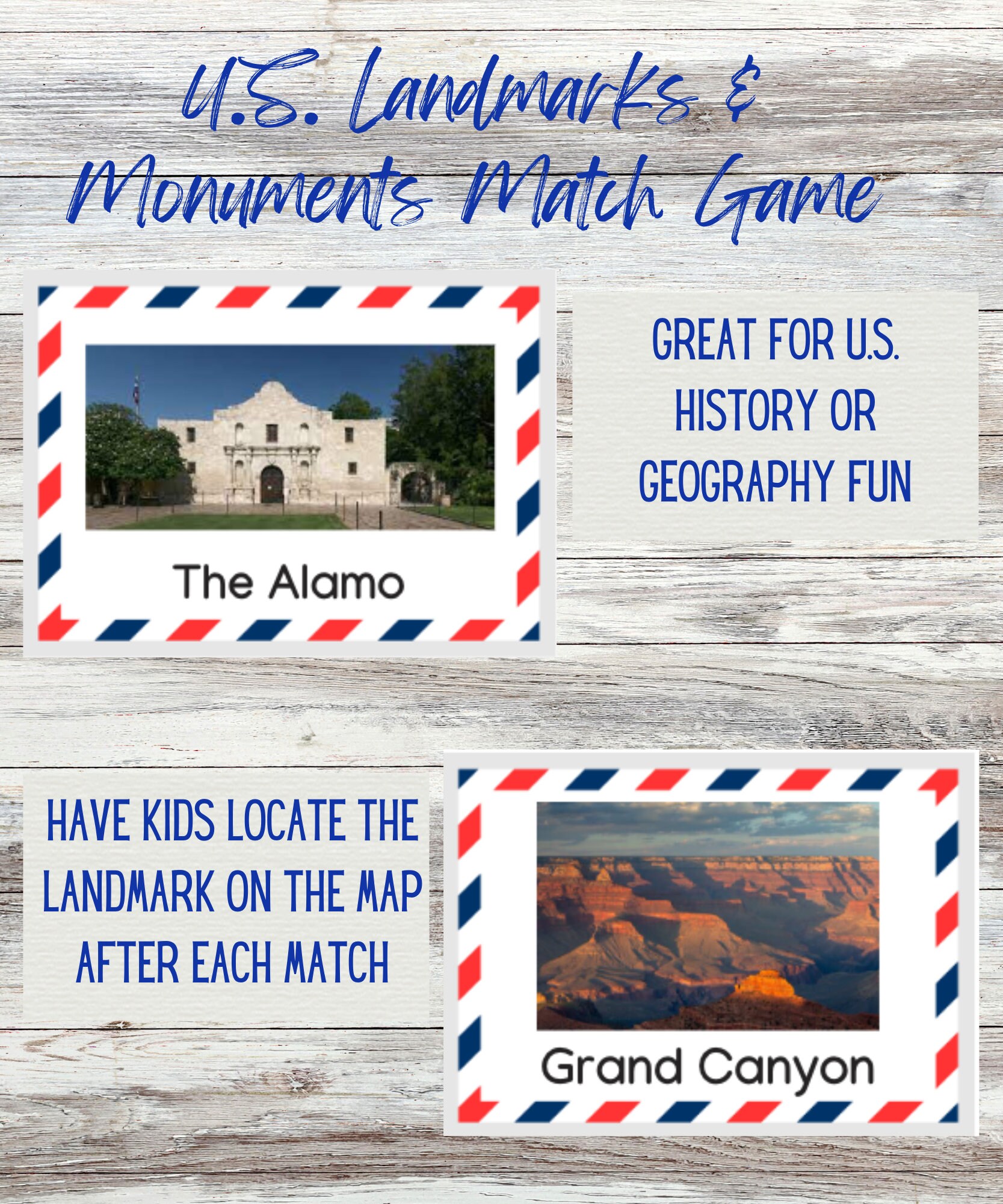 US Landmarks & Monuments Memory Game Flash Cards Geography History ...