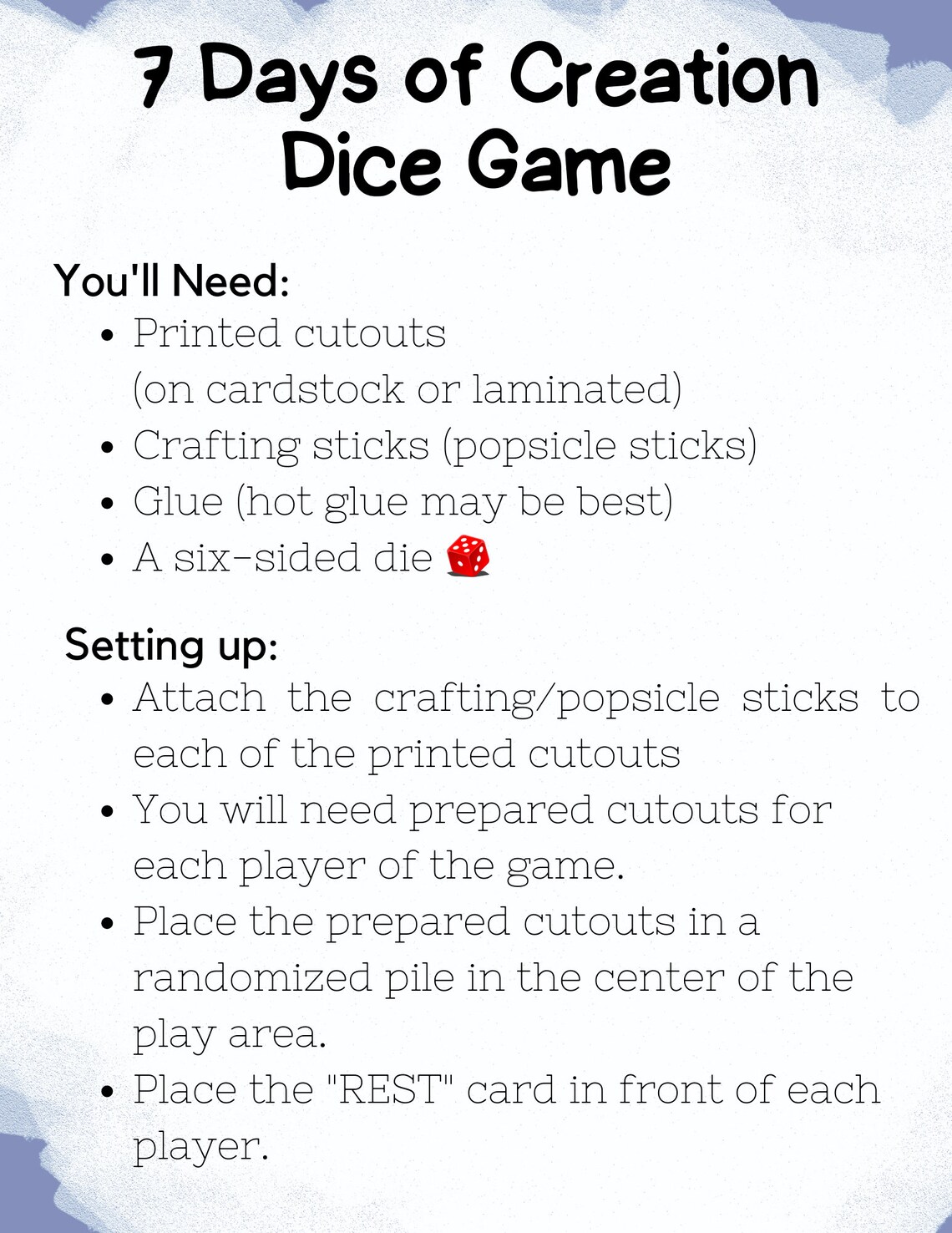 7 Days of Creation Dice Game Cutout Printable Sunday School Homeschool ...