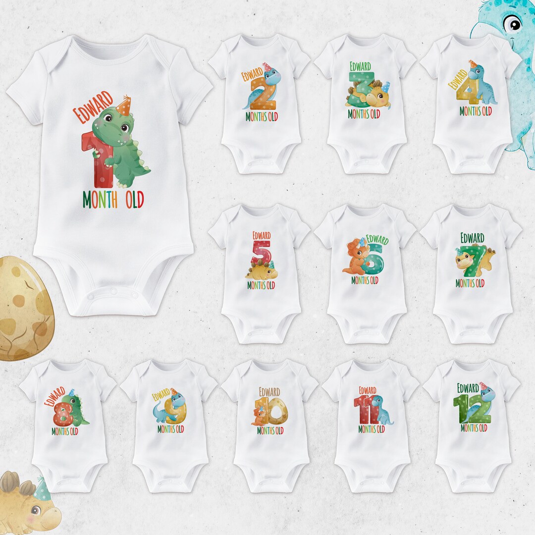 Dinosaur Monthly Milestone Personalised Bodysuit for Baby Dinosaur ...