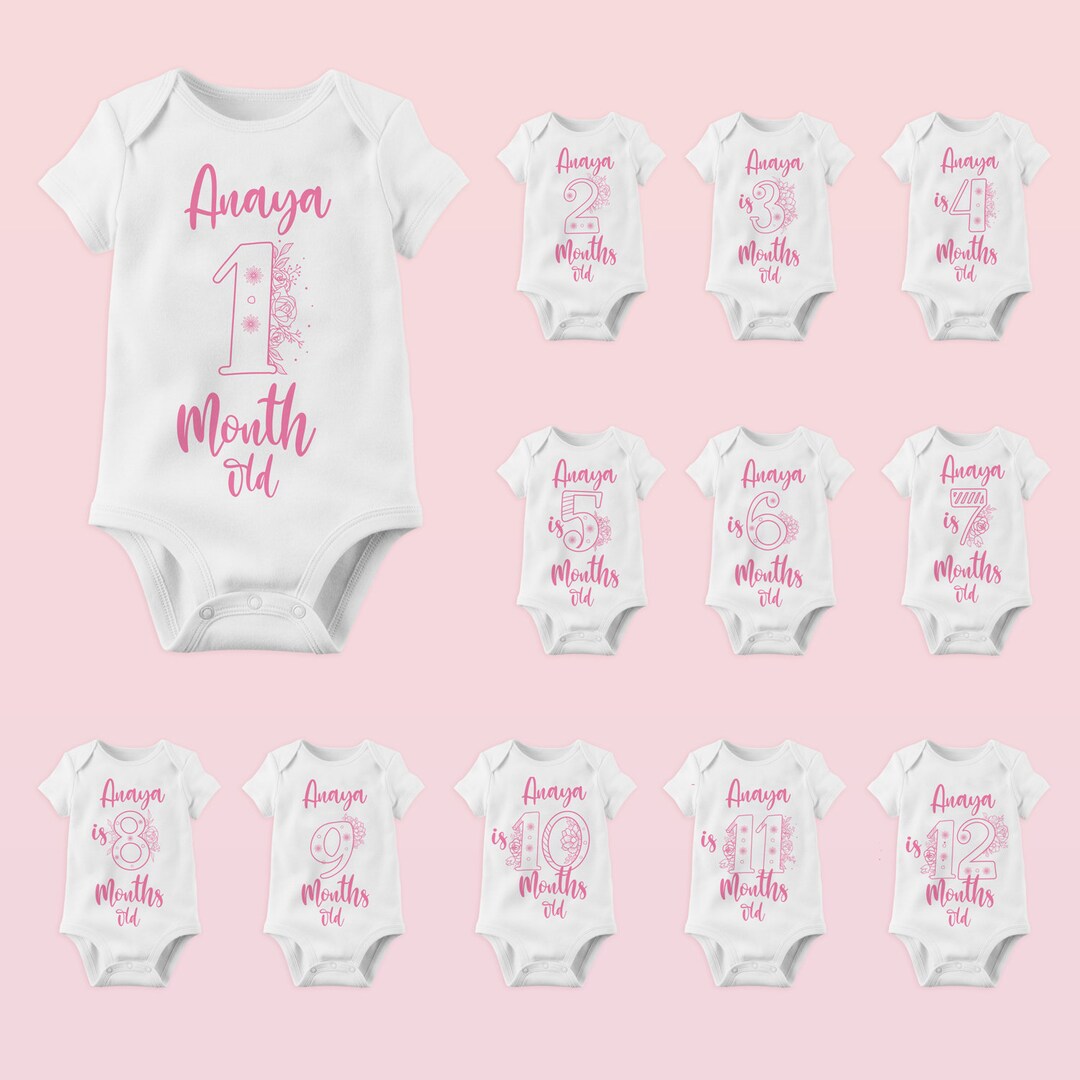 Floral Pink Baby Monthly Milestone Personalised Bodysuit, Pink Baby ...