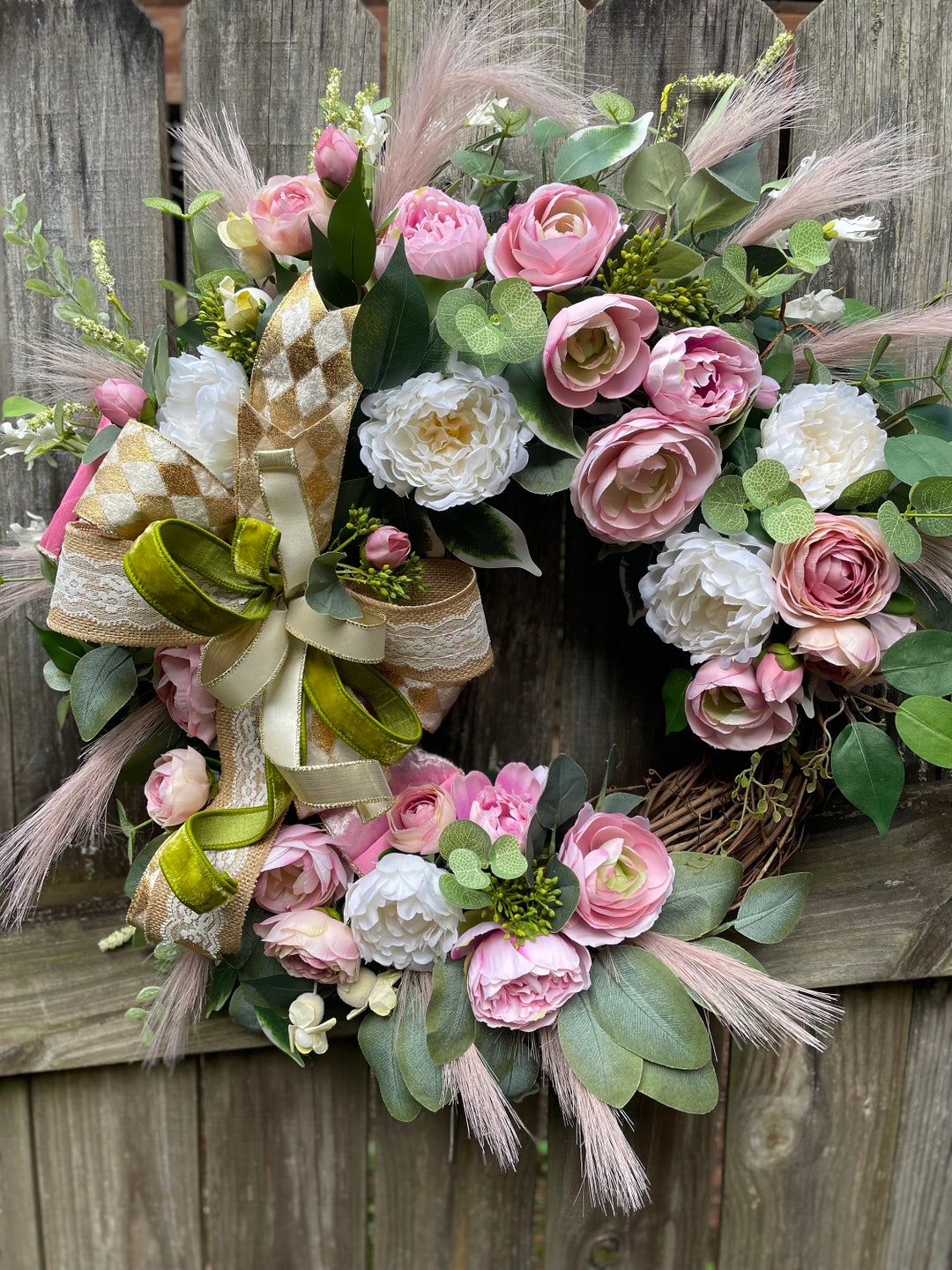 Pink Floral Wreath, Pink and Gold Decor, French Country Cottage Wreath ...