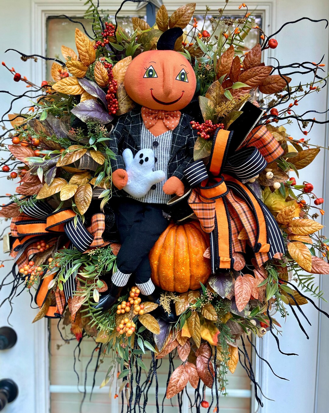 Halloween Pumpkin Wreath, Falloween Door Decor, Front Door Wreath, Whimsical Halloween Porch ...