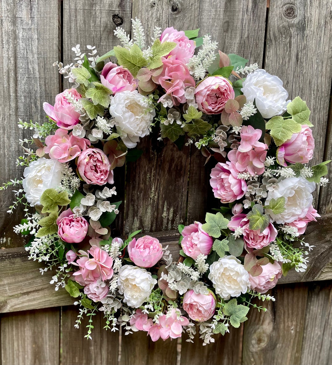 Country Cottage Style Pink Wreath, Pink Peony Double Door Wreath ...