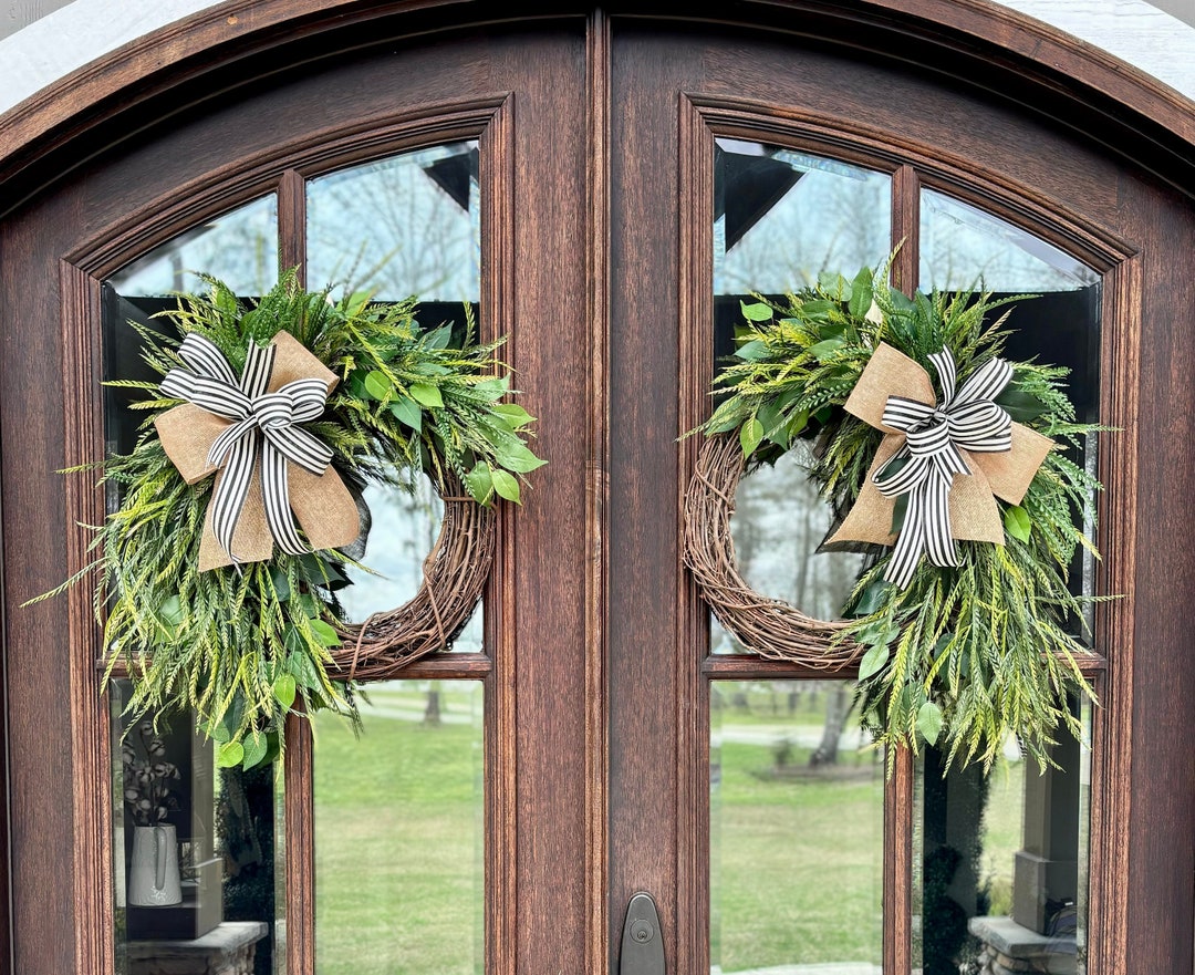 Double Door Greenery Wreaths, Farmhouse Burlap Bows - Etsy