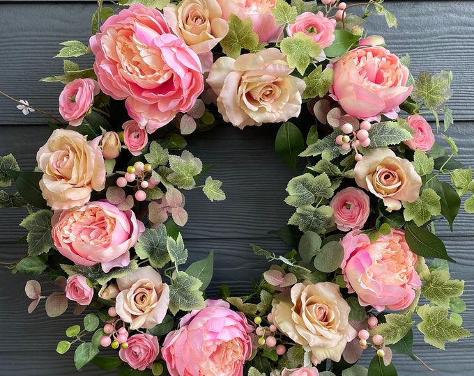 Pink Floral Wreath, Cottage Core Front Door Wreath, Country Cottage ...