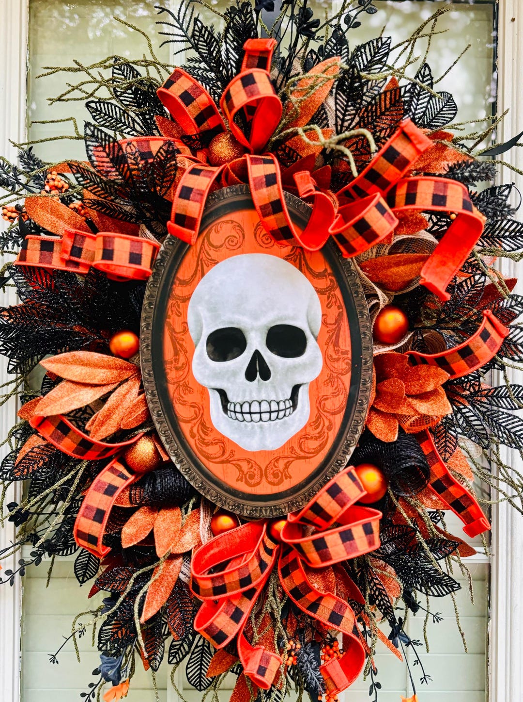 Skeleton Halloween Wreath, Traditional Halloween Swag, Spooky Halloween ...