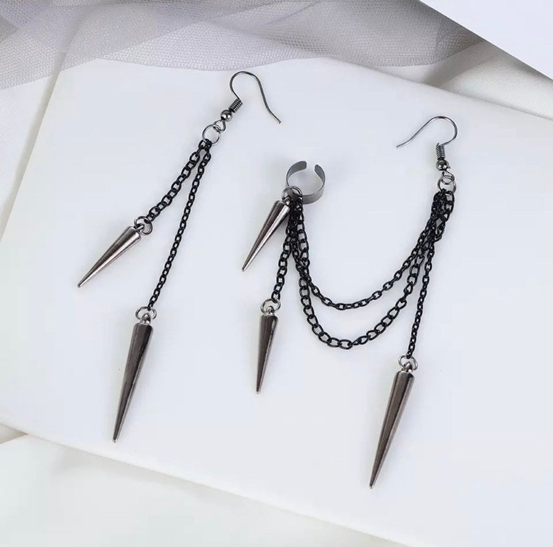 Goth spike earring asymmetrical black chain earrings egirl | Etsy