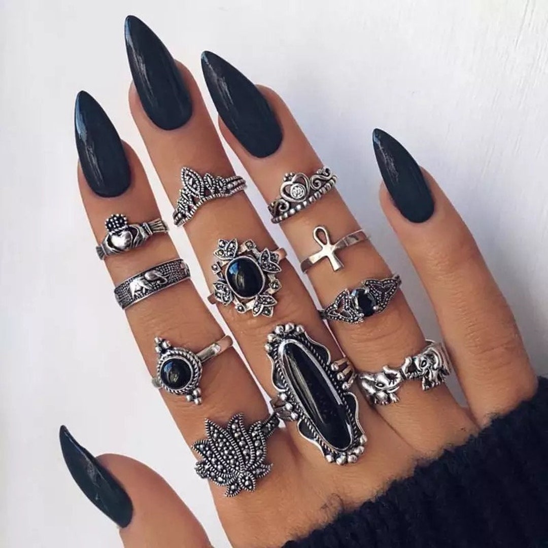 Midi Ring Set, Witchy Rings, Goth Jewelry, Black Opal Rings, Gothic ...