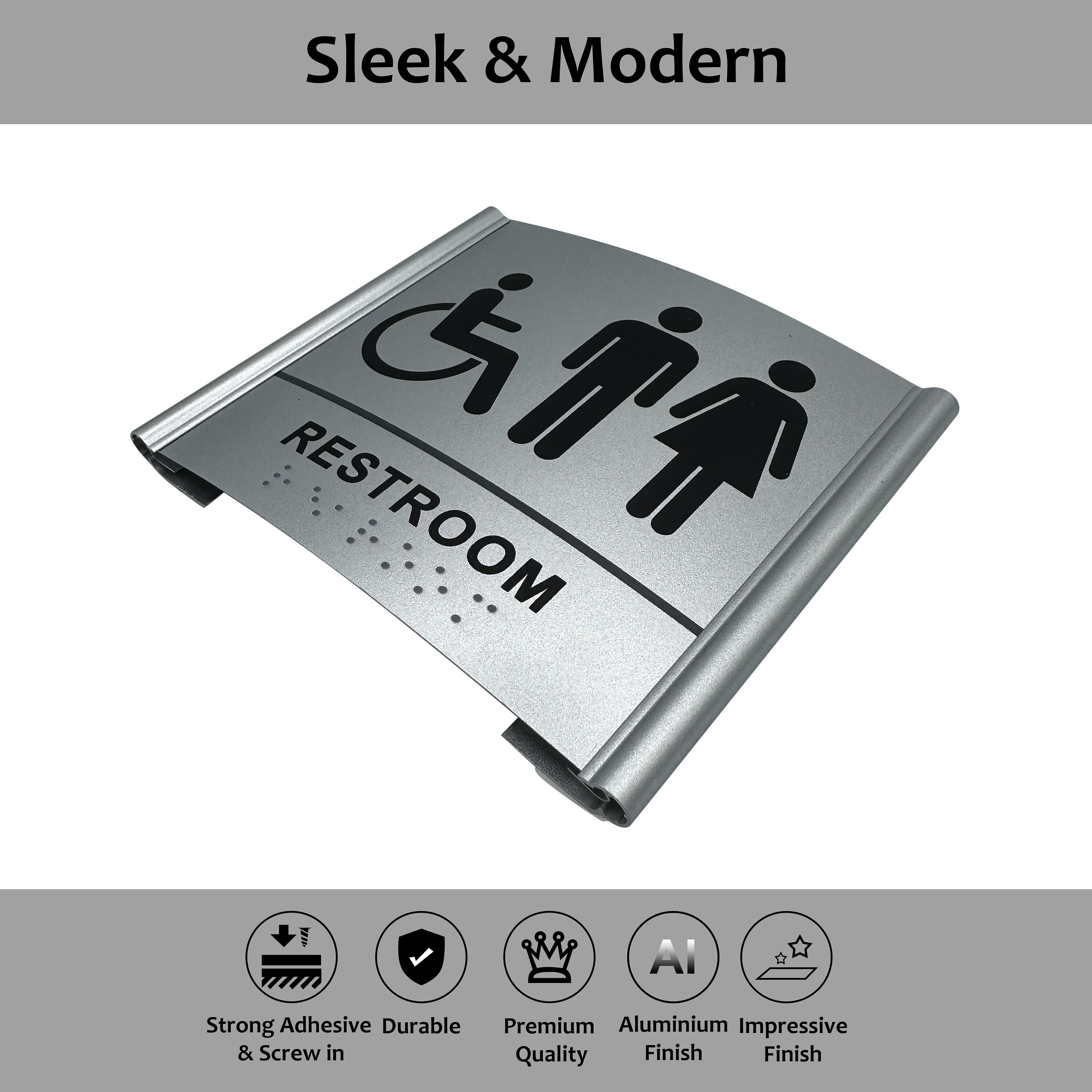Large Aluminum 3D Restroom Sign With Braille, Tape or Screw, Bathroom ...