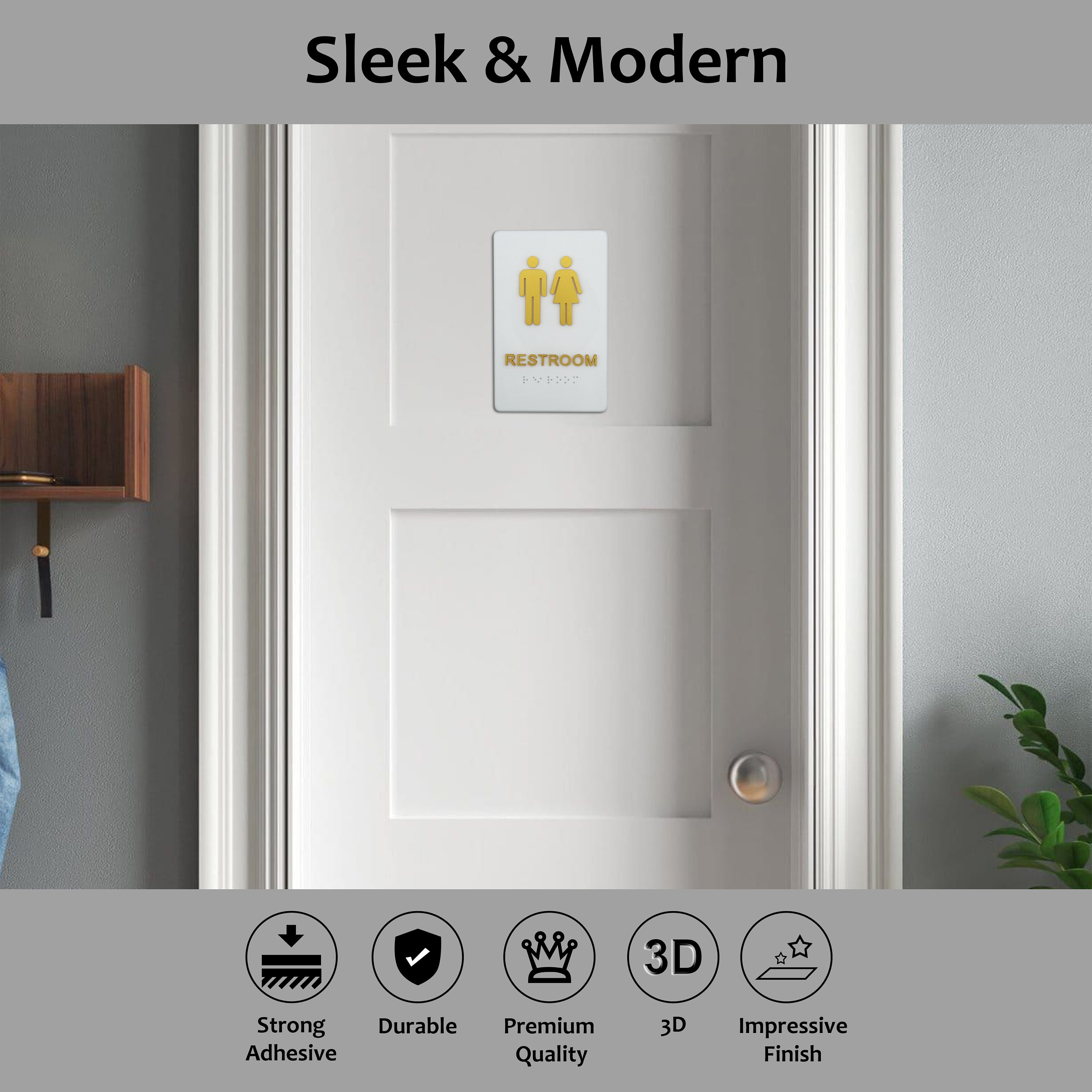 Acrylic 3D Gold Finish Restroom Sign With Braille, Bathroom Men, Women ...