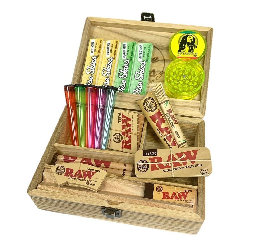 Wooden Smoking Box Set Large Raw Rolling Papers Raw Cone Tips Metal Tin ...