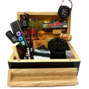 RAW OCB Black Wooden Rolling Box Set Rollers Box Hamper Gift Handmande ...