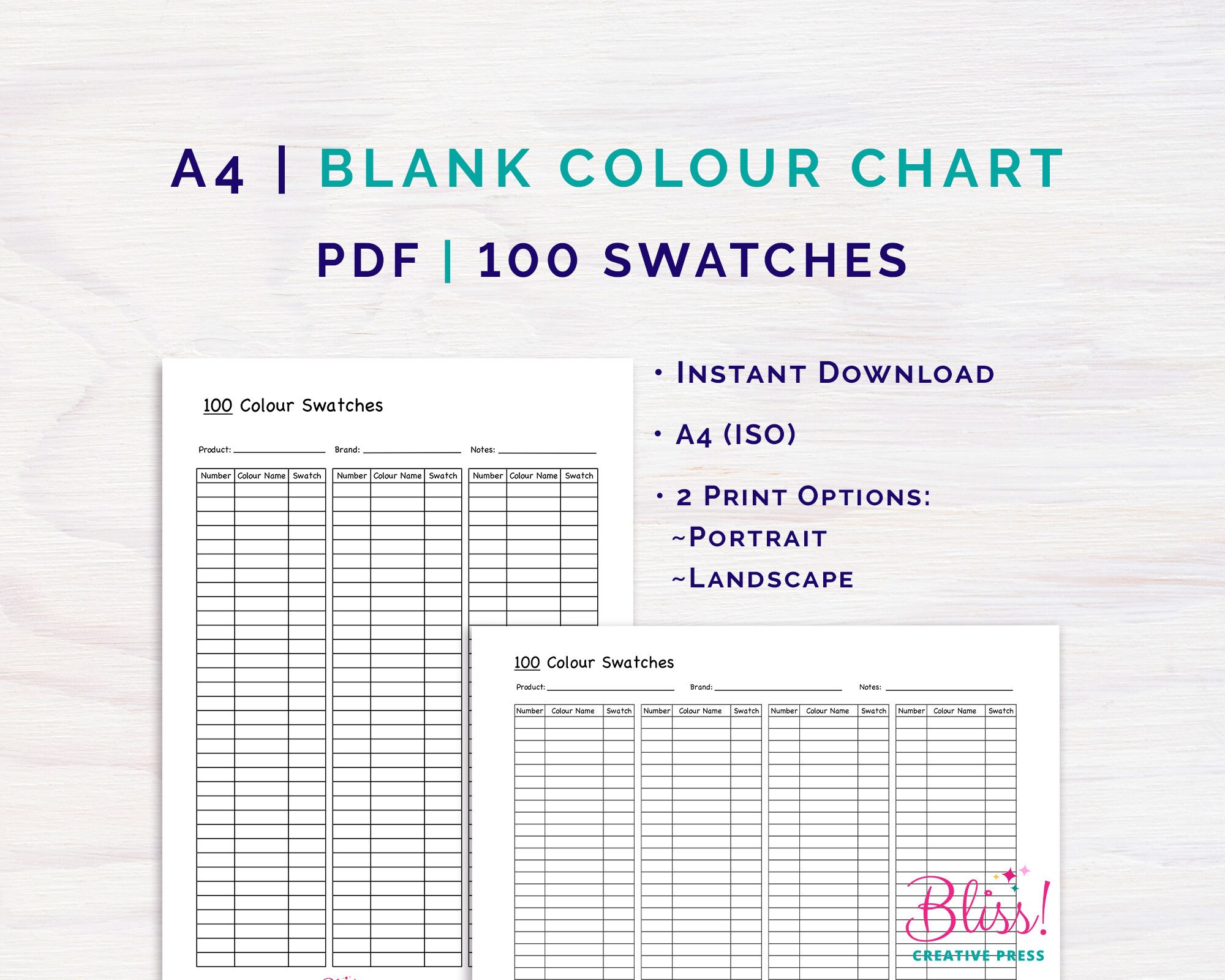 A4 Blank Colour Swatch Chart | 100 Colours | A4 Portrait + Landscape ...