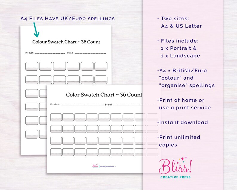 Blank Color Swatch Chart | 36 Colors | Portrait + Landscape | A4 + US ...