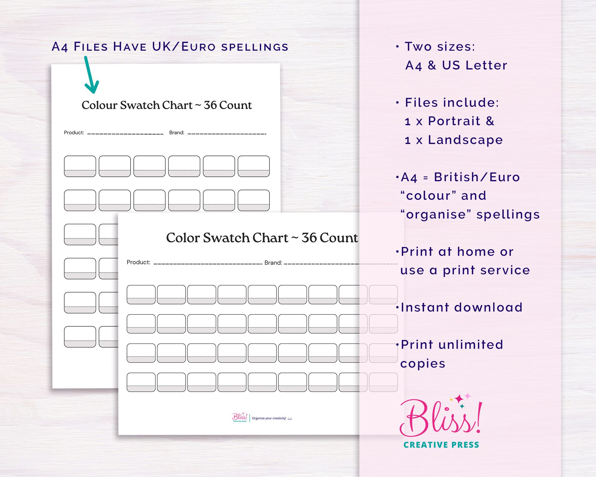 Blank Color Swatch Chart | 36 Colors | Portrait + Landscape | A4 + US ...