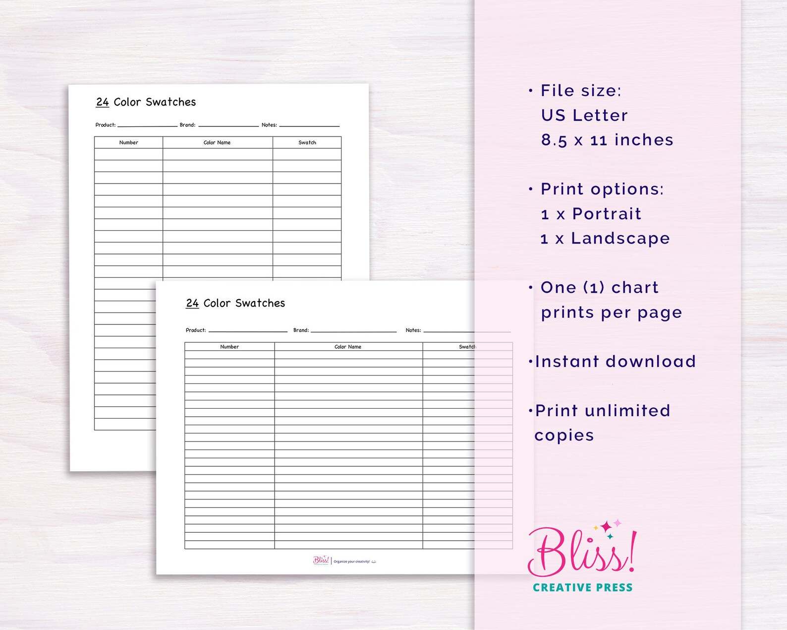 US Color Swatch Chart | 24 Colors | US Letter Portrait + Landscape ...