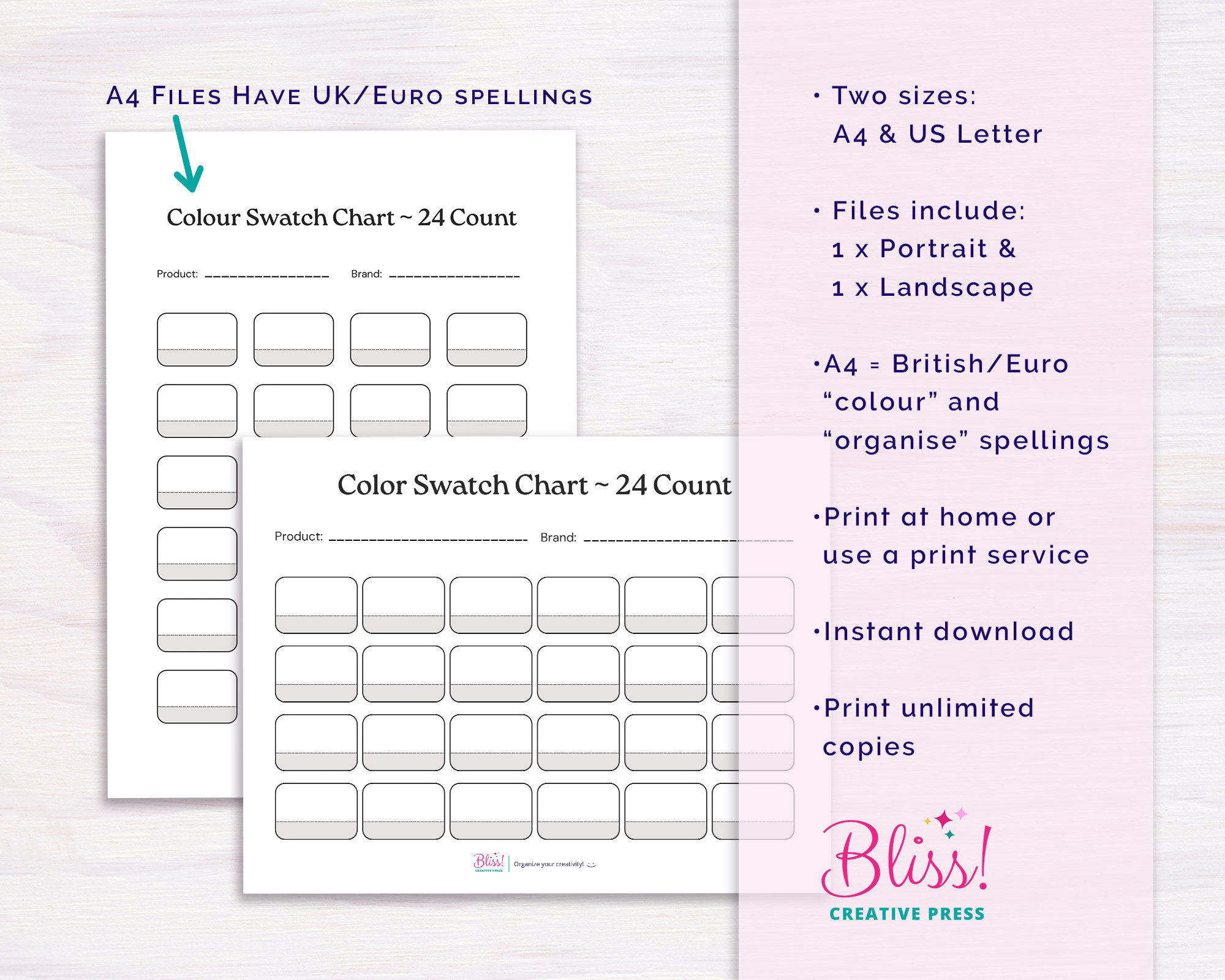 Blank Color Swatch Chart | 24 Colors | Portrait + Landscape | A4 + US ...