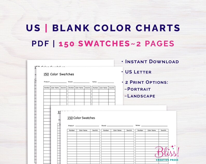 US Blank Color Swatch Chart | 150 Colors | US Letter Portrait ...
