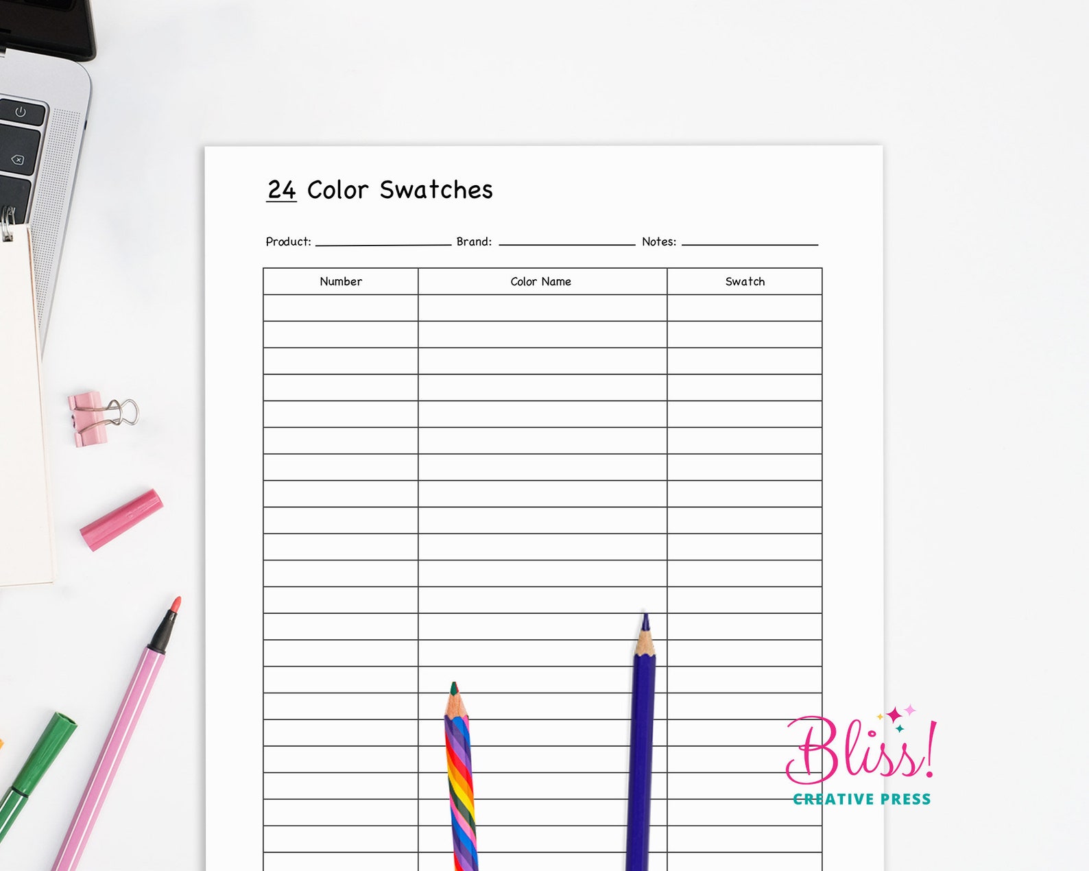 US Color Swatch Chart | 24 Colors | US Letter Portrait + Landscape ...