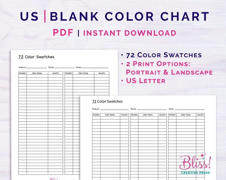 US Blank Color Swatch Chart 72 Colors US Letter Portrait - Etsy