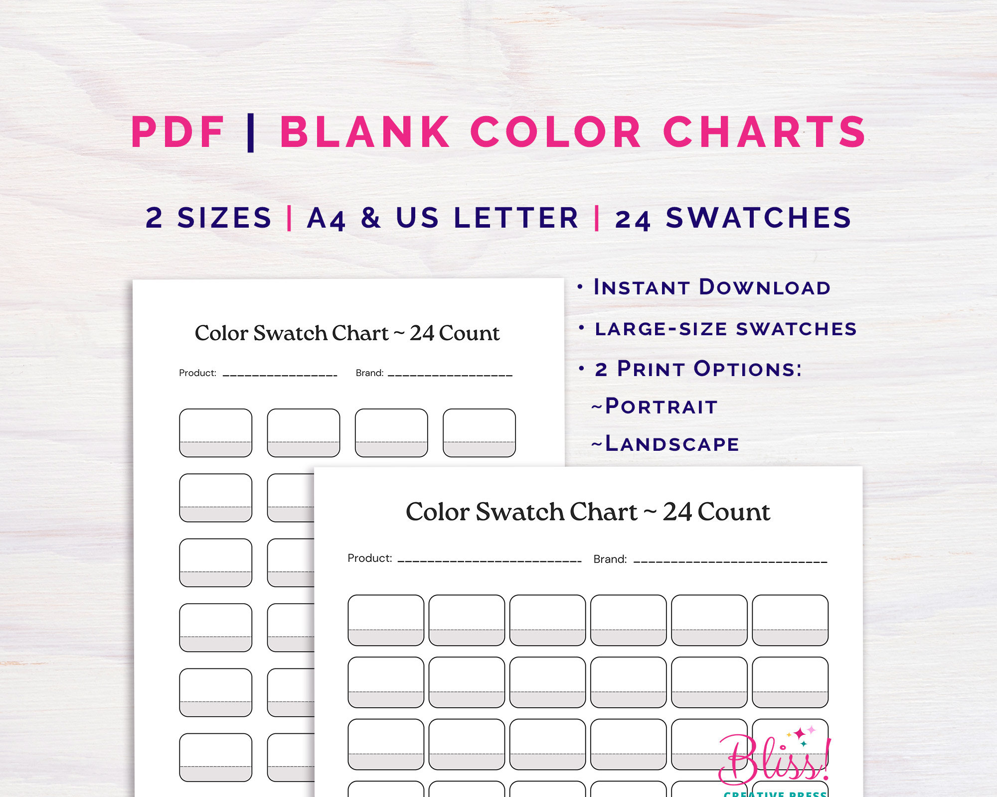 Blank Color Swatch Chart | 24 Colors | Portrait + Landscape | A4 + US ...
