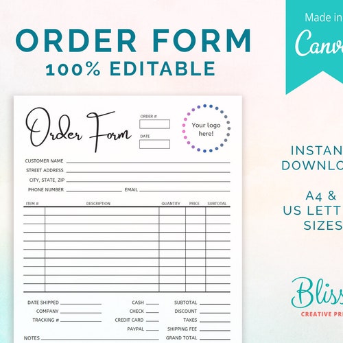 Order Form Template Editable INSTANT DOWNLOAD Printable | Etsy