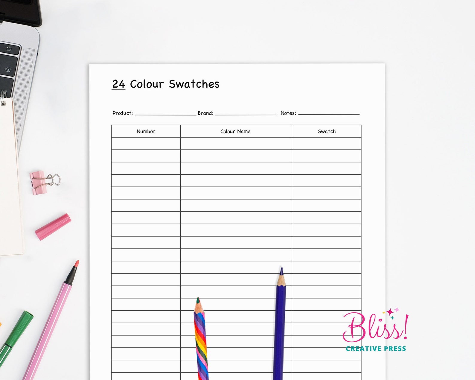 A4 Colour Swatch Chart 24 Colours A4 Portrait Landscape DIY Colour ...