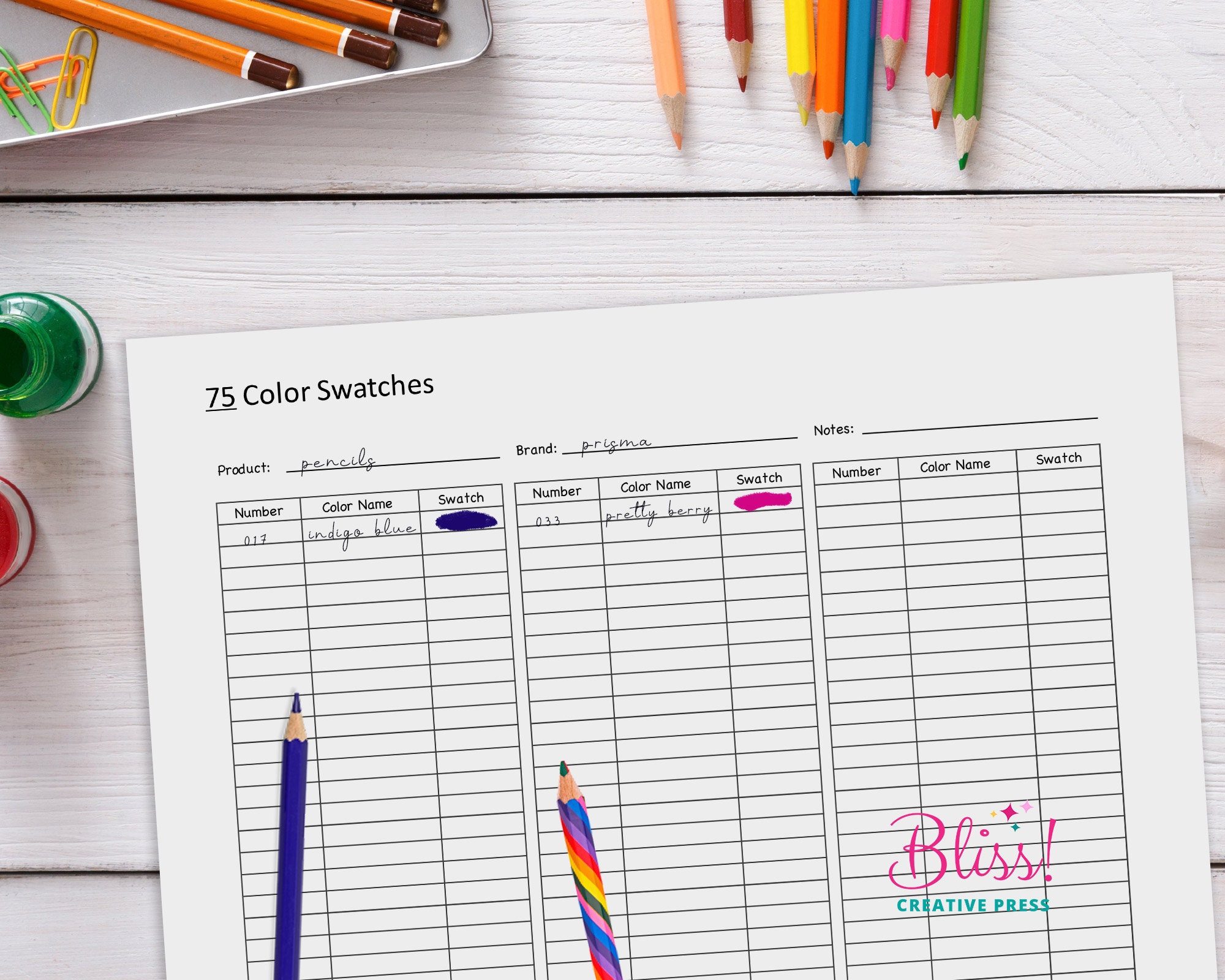 US Blank Color Swatch Chart 75 Colors US Letter Portrait Landscape DIY ...