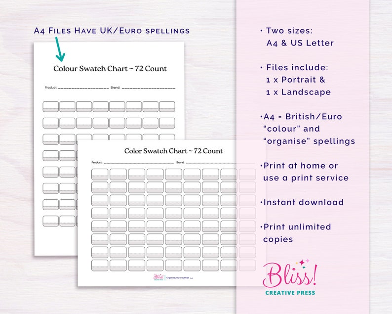 Blank Color Swatch Chart | 72 Colors | Portrait + Landscape | A4 + US ...