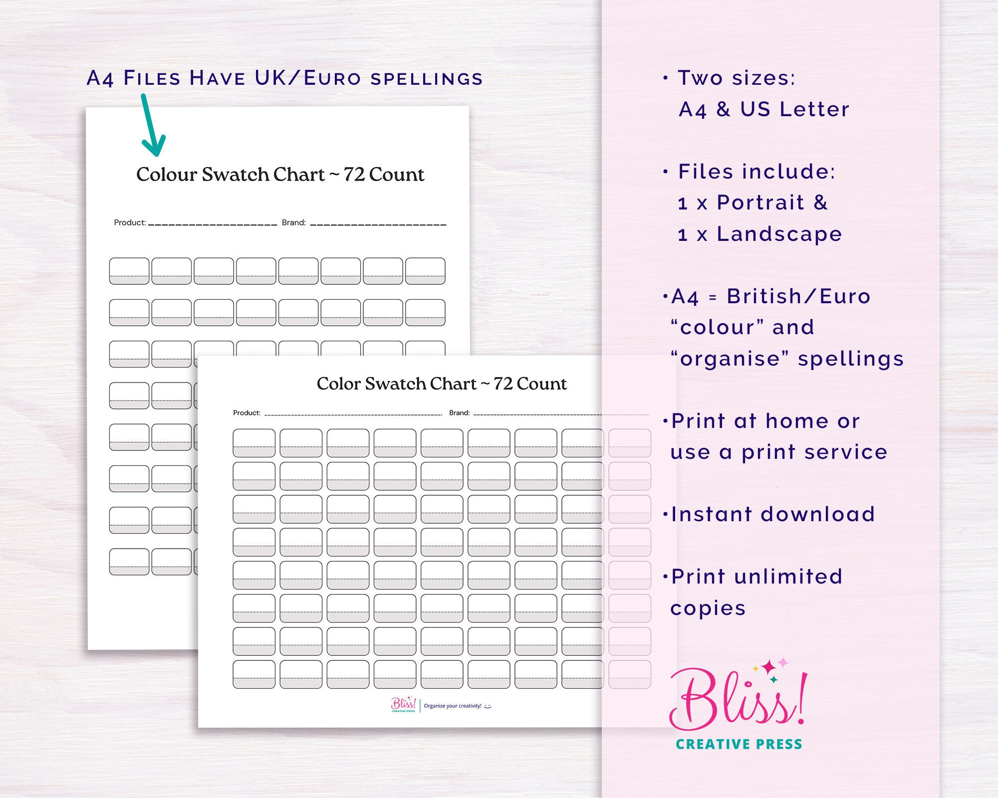 Blank Color Swatch Chart | 72 Colors | Portrait + Landscape | A4 + US ...