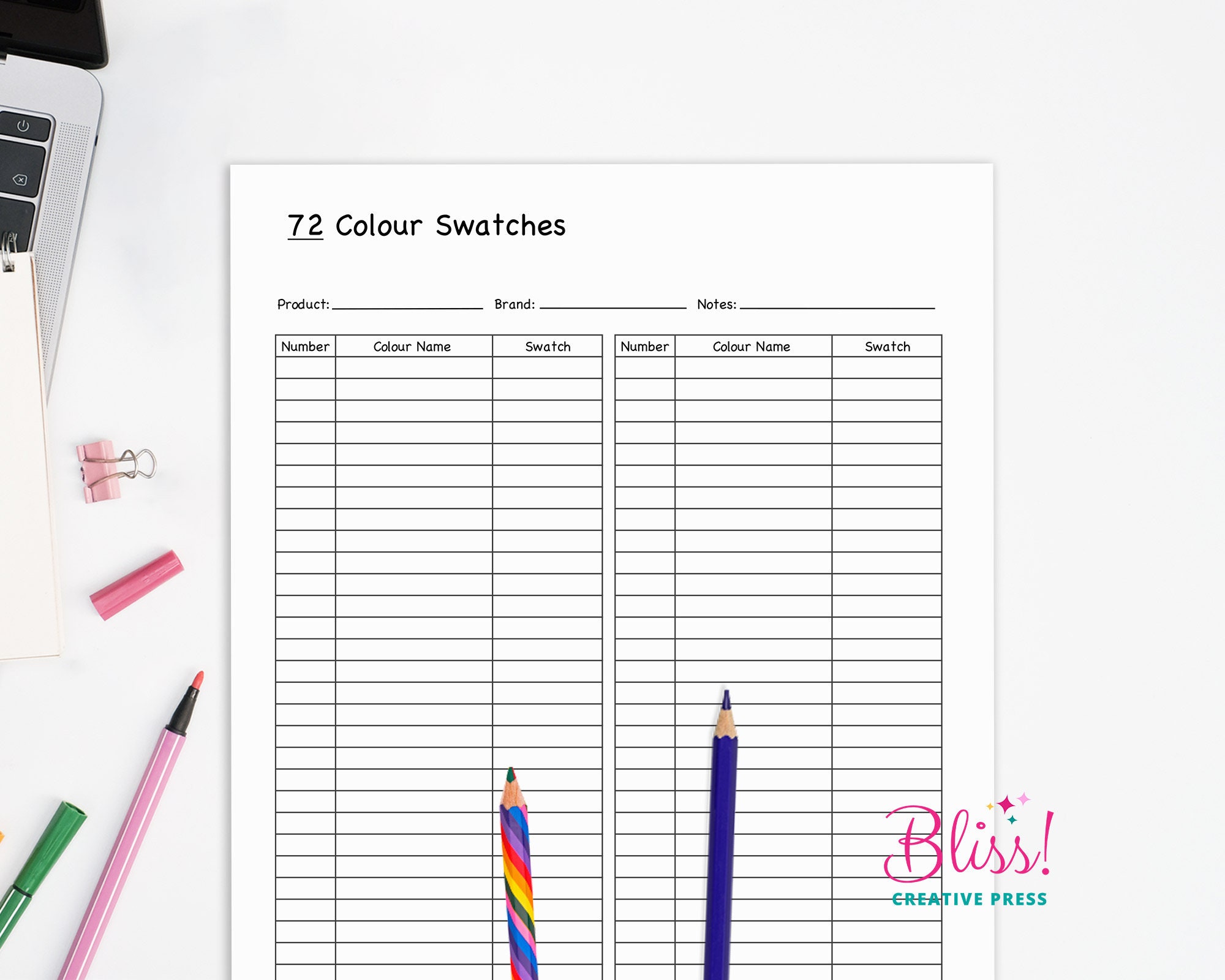 A4 Blank Colour Swatch Chart 72 Colours A4 Portrait Landscape DIY ...