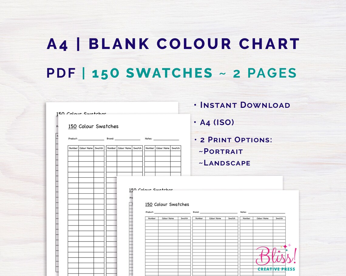 A4 Blank Colour Swatch Chart | 150 Colours | A4 Portrait + Landscape ...