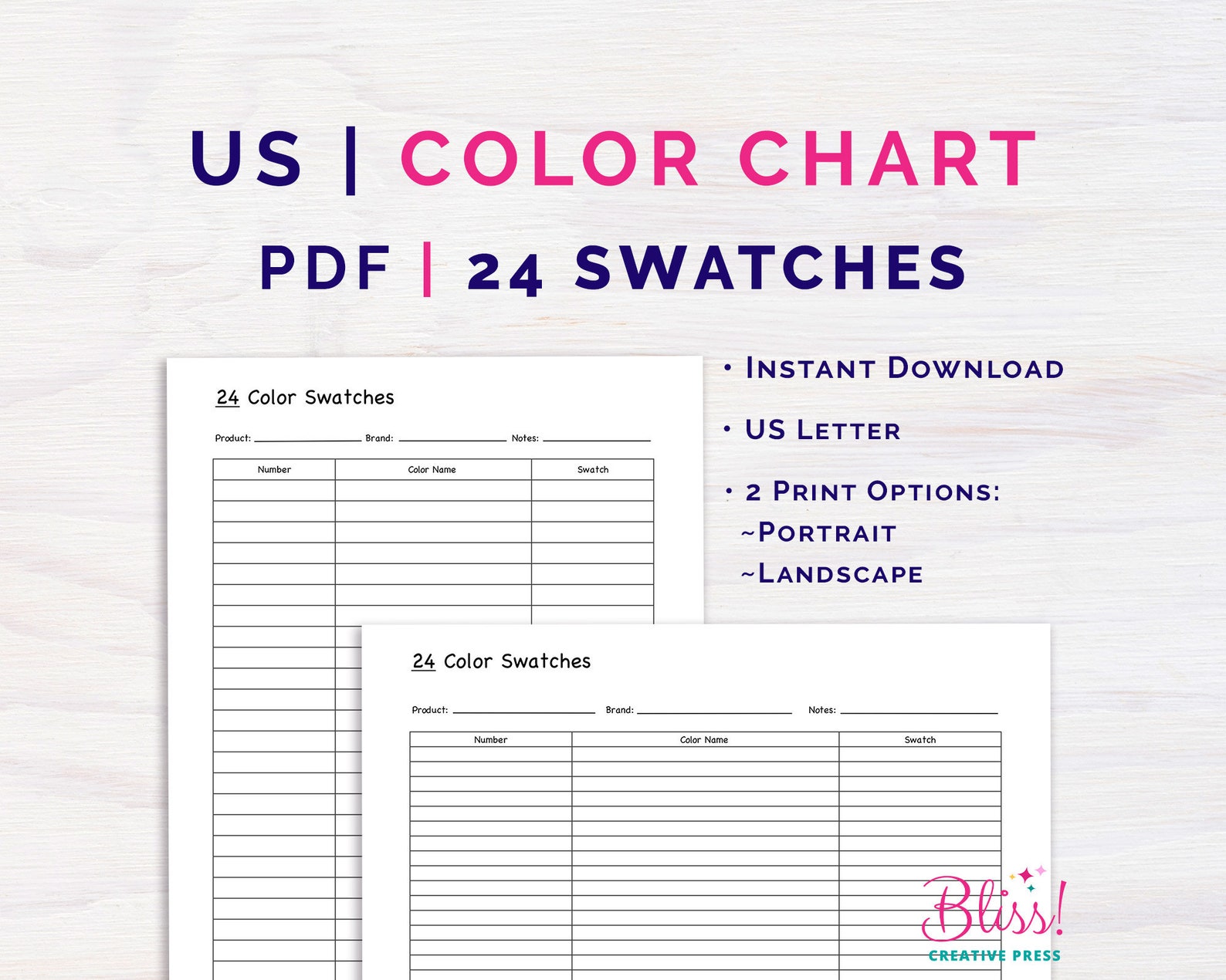 US Color Swatch Chart 24 Colors US Letter Portrait Landscape DIY Color ...