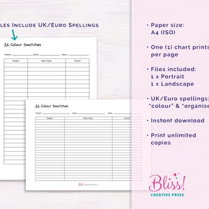 A4 Colour Swatch Chart | 24 Colours | A4 Portrait + Landscape | DIY ...