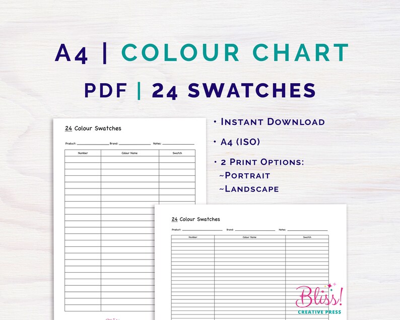 A4 Colour Swatch Chart | 24 Colours | A4 Portrait + Landscape | DIY ...