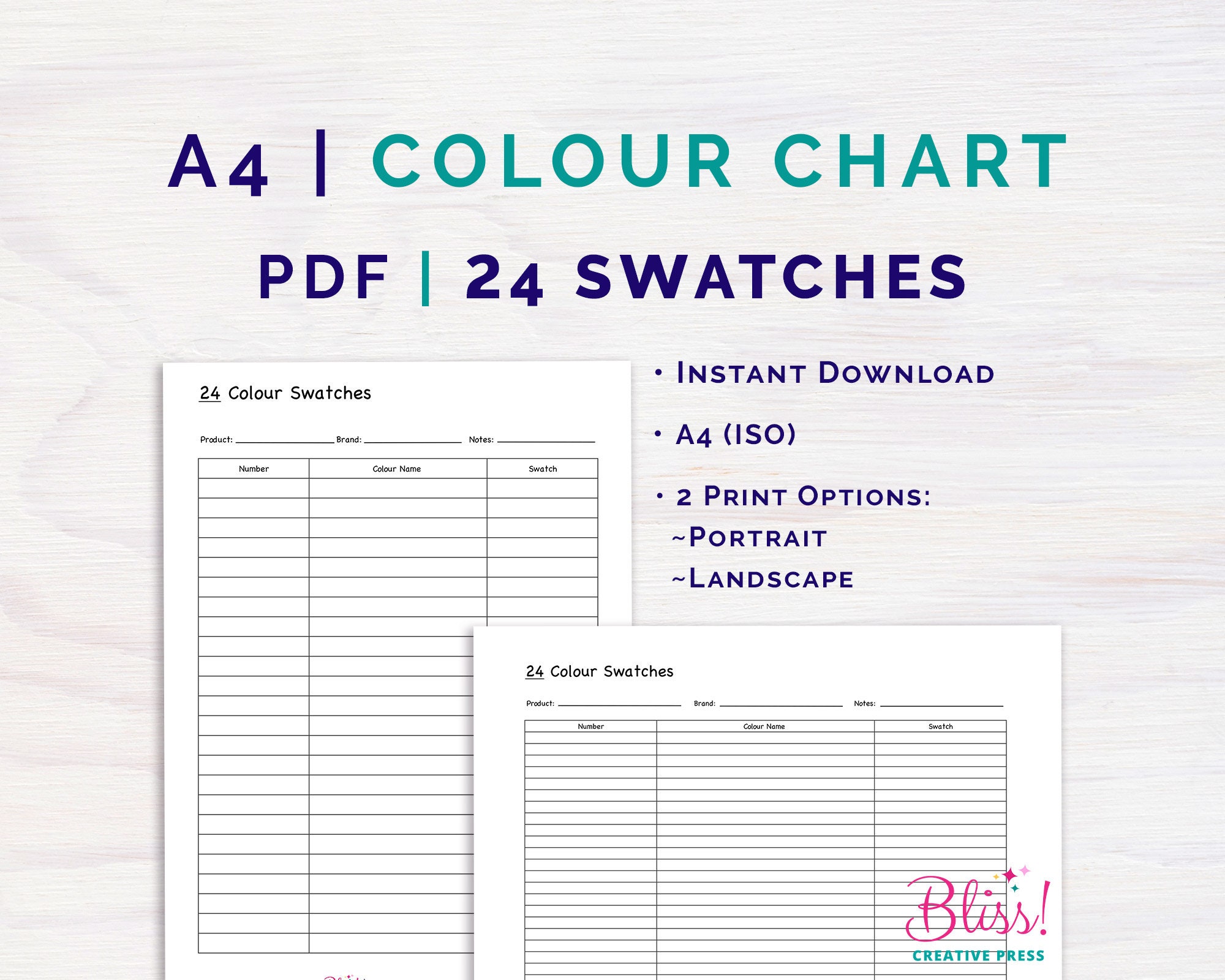 A4 Colour Swatch Chart | 24 Colours | A4 Portrait + Landscape | DIY ...