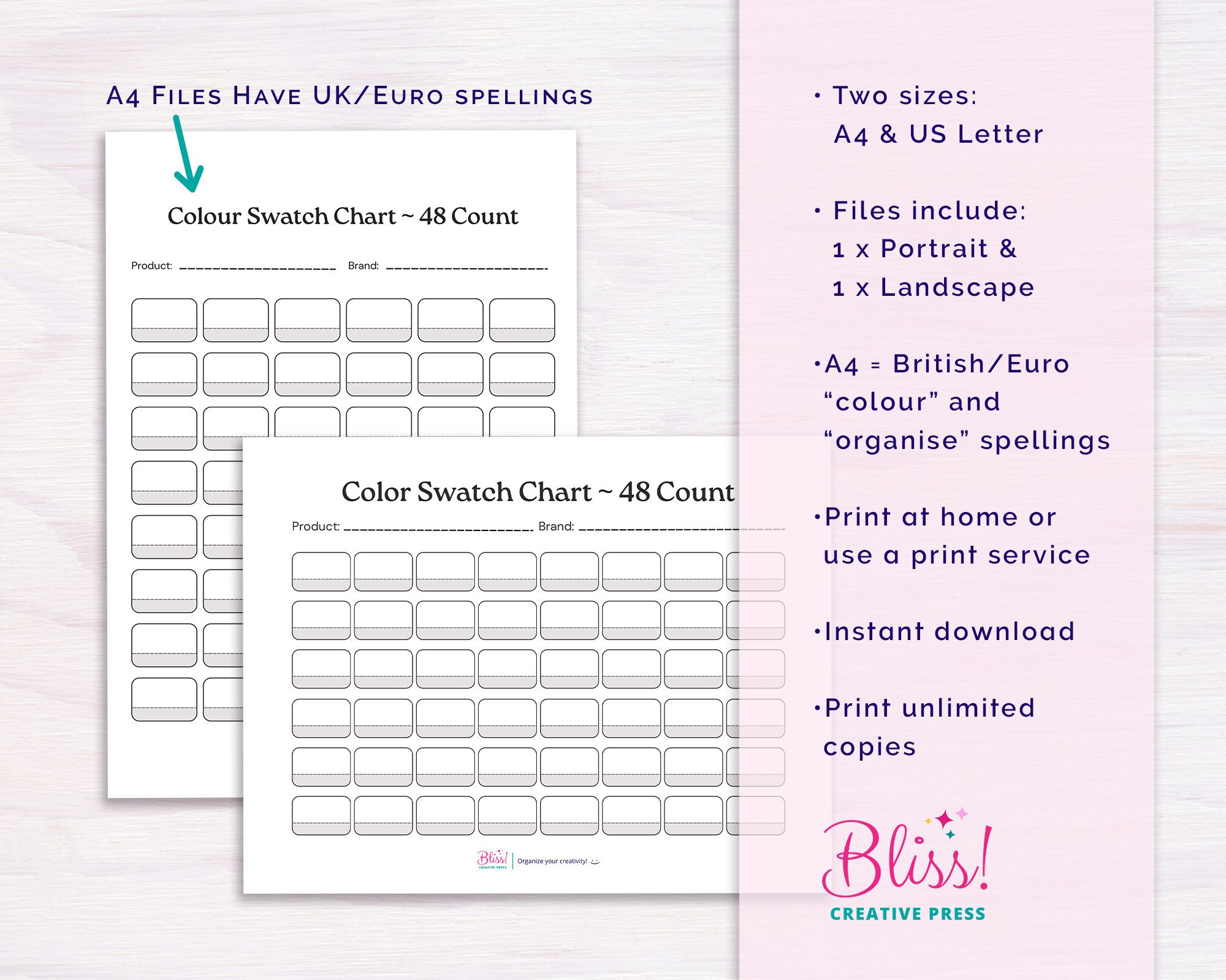 Blank Color Swatch Chart | 48 Colors | Portrait + Landscape | A4 + US ...